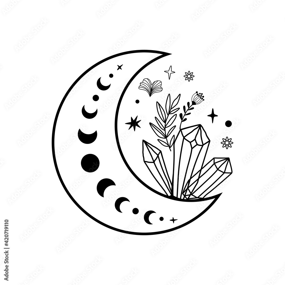 Crystal moon phase crystal flowers tattoo. Magic celestial coloring ...