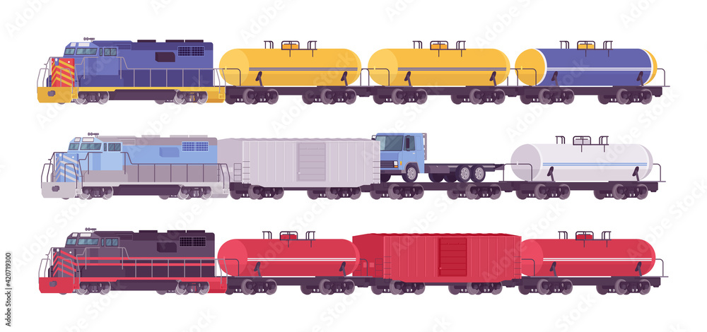 Rail Freight colorful train set, goods wagons on railway transporting ...