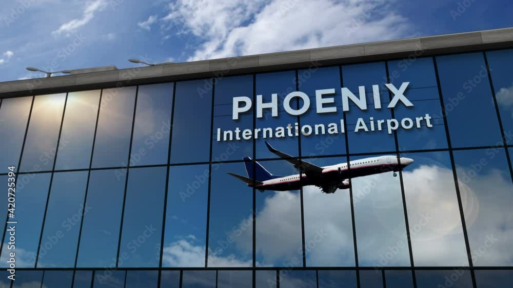 Jet aircraft landing at Phoenix Arizona USA 3D rendering animation ...