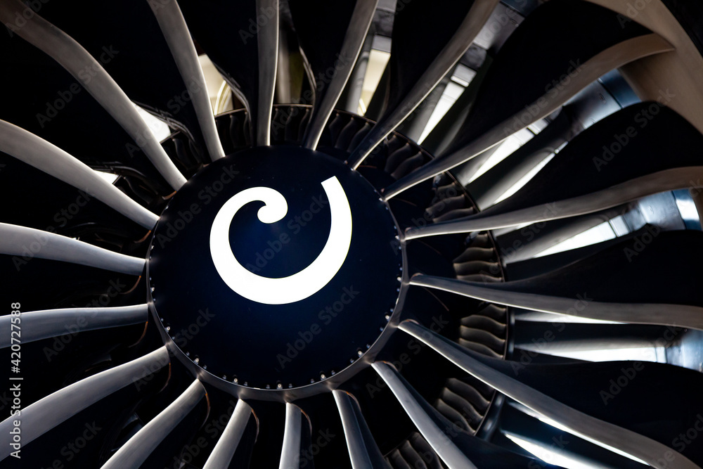 Turbine blades of an aircraft jet engine. Close up Turbines Engine ...