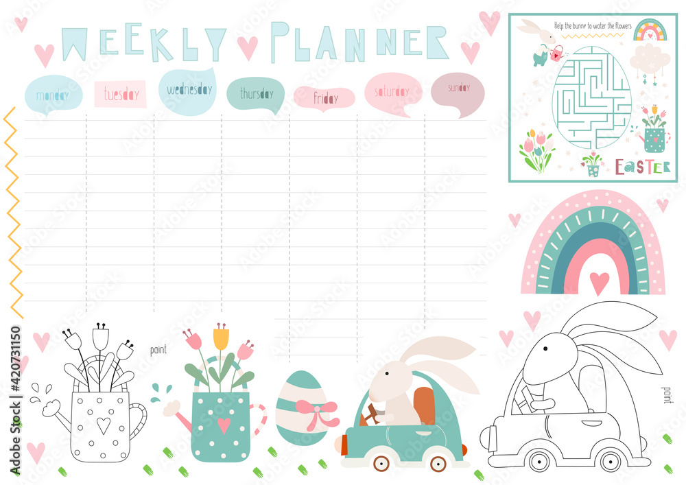 Easter weekly planner with cute Easter bunny in cartoon style. Kids ...