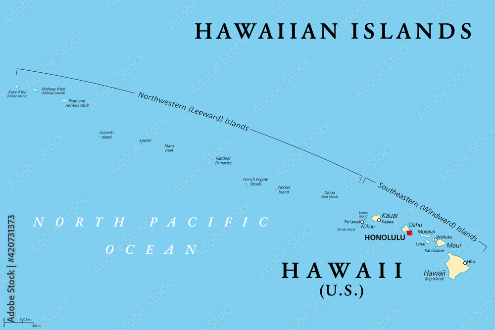 Hawaiian Islands, political map. U.S. state of Hawaii with capital ...