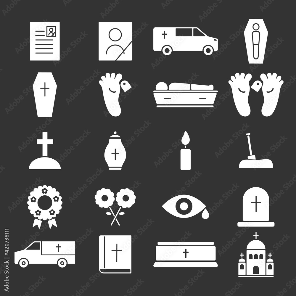 Funeral icon set. Burial elements silhouettes symbol collection. Flat ...