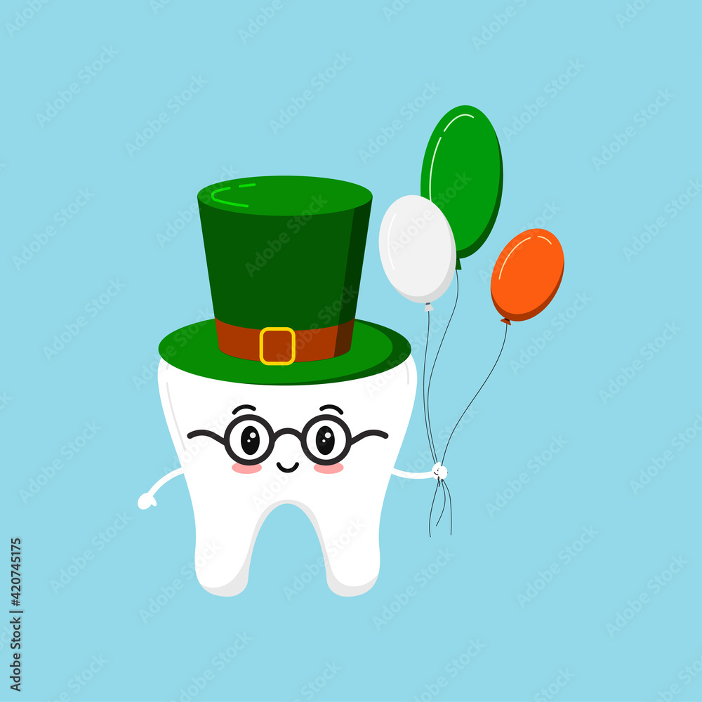 St Patrick day tooth dental icon isolated. Cute kids dentistry wisdom ...