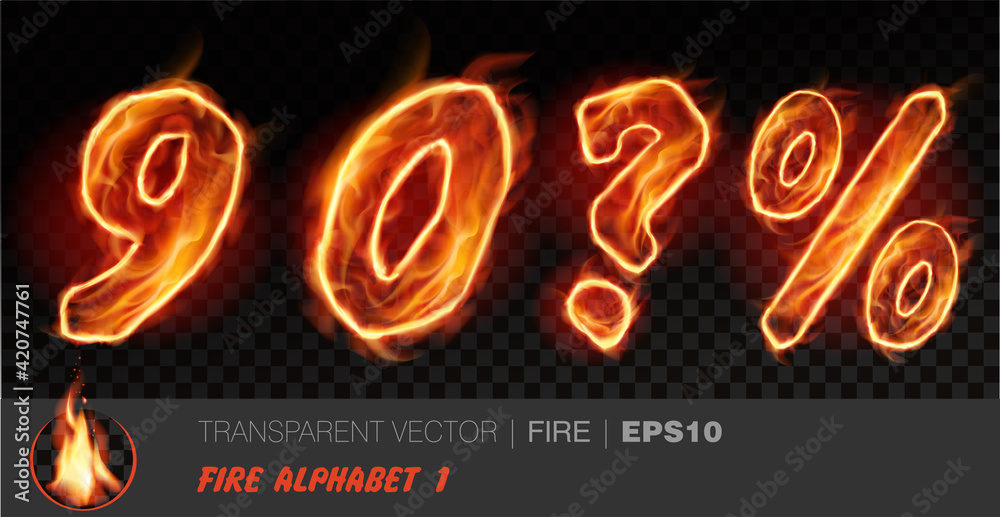Alphabet of fire. Transparent realistic vector on dark background ...