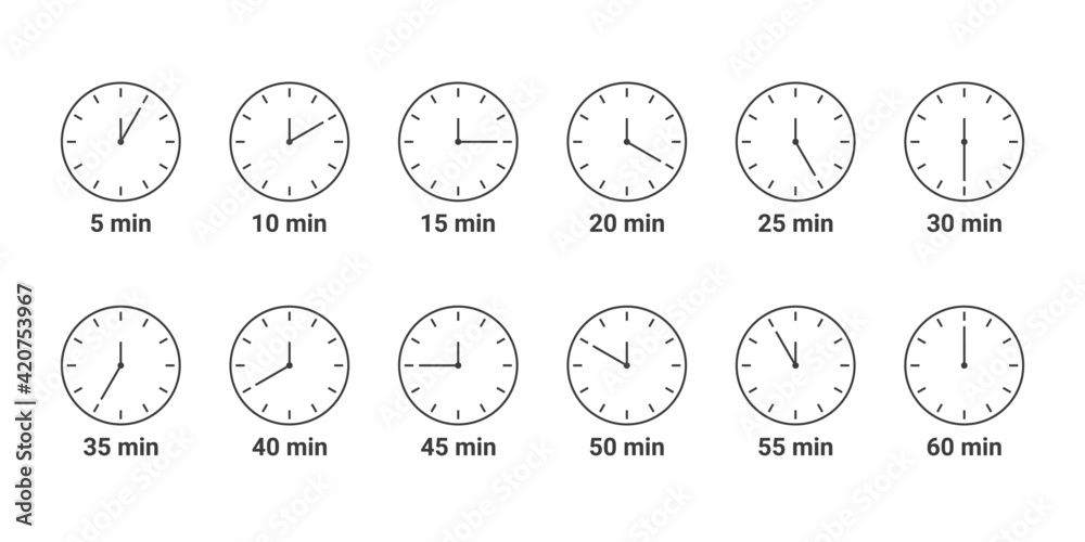 Kitchen timer icon. Cook time minutes. Meal preparation time icons ...