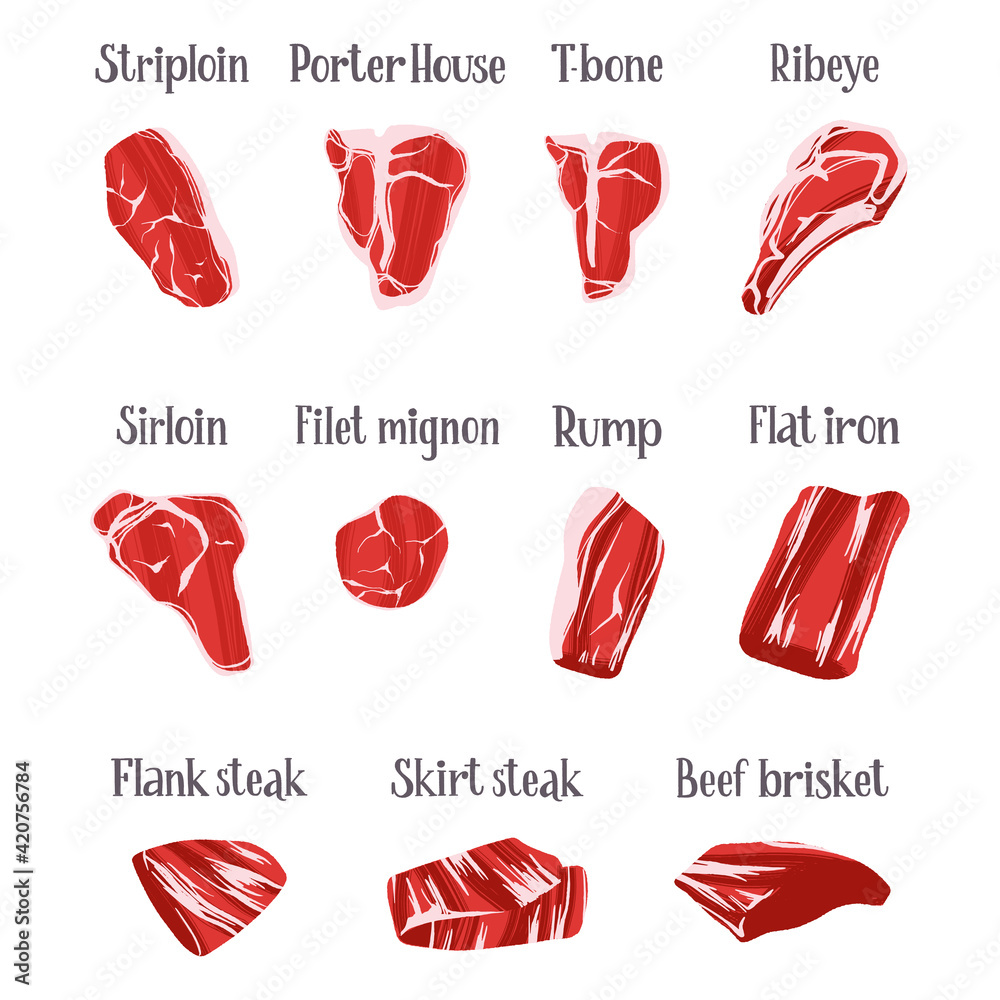 Steak types set. Beef cuts. Filet Mignon, Porterhouse, T-bone ...