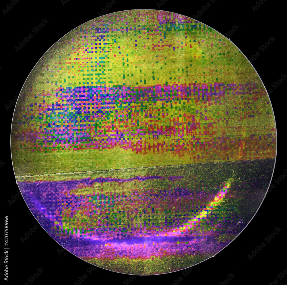 round paper sticker with cool glitch pixel texture on real white paper ...