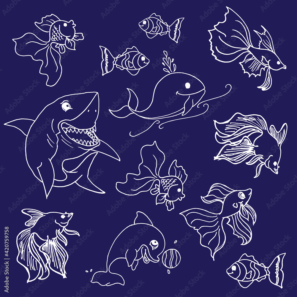 set of animal sea isolated on dark blue background. white outline, hand ...