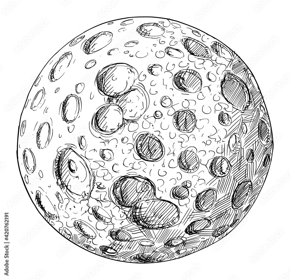 Planet or Planetary Moon Full of Impact Craters.Hand Drawing and ...