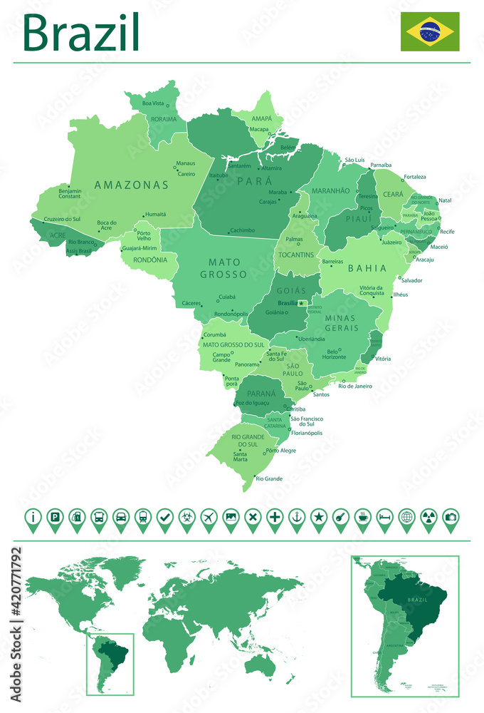 Brazil detailed map and flag. Brazil on world map. Stock Vector | Adobe ...