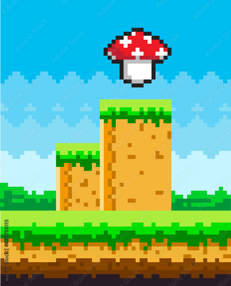 Pixel art game background with magic mushroom in sky. Pixel-game scene ...