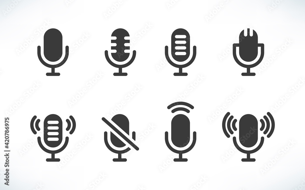 Studio Microphone simple icon set. Black podcast radio sign, broadcast ...