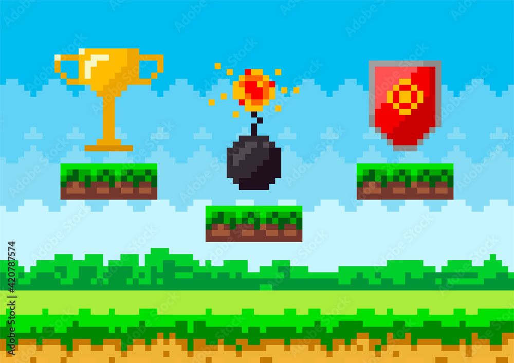 Vecteur Stock Pixel art game background with reward object in air ... Vecteur Stock Pixel art game background with reward object in air ...