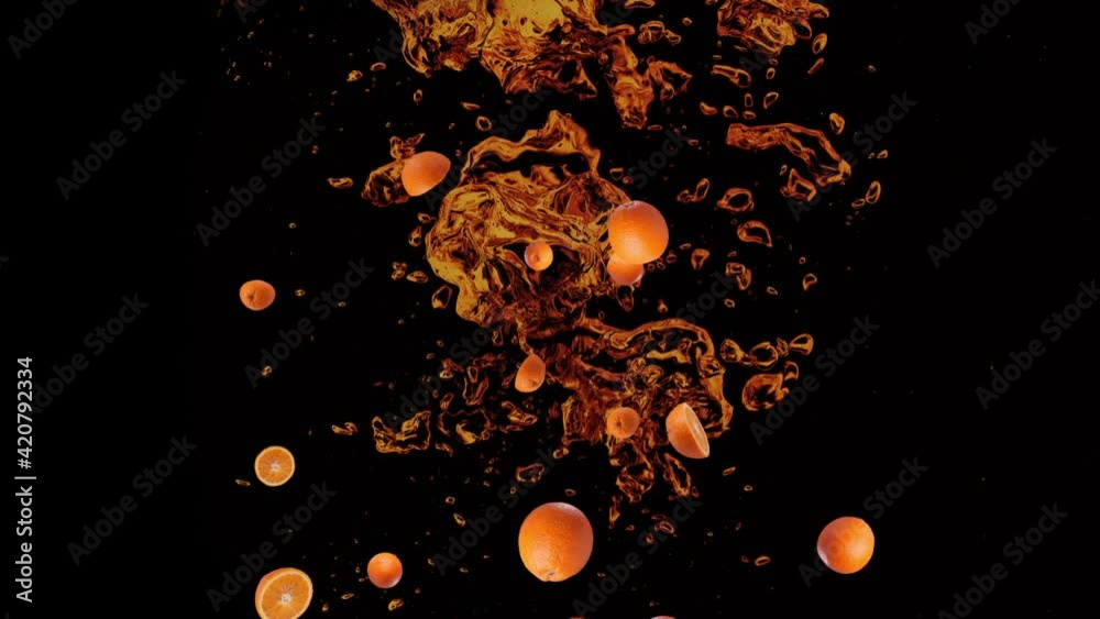 Vidéo Stock Bouncing orange split in slices and explode to reveal juicy ...