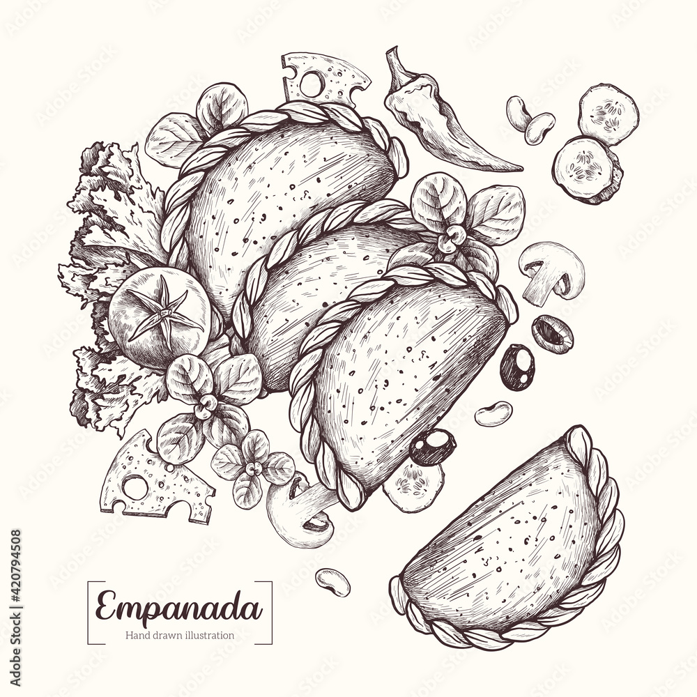 Empanada. Vector Hand Drawn. Sketch Botanical Illustration. Fried pies ...