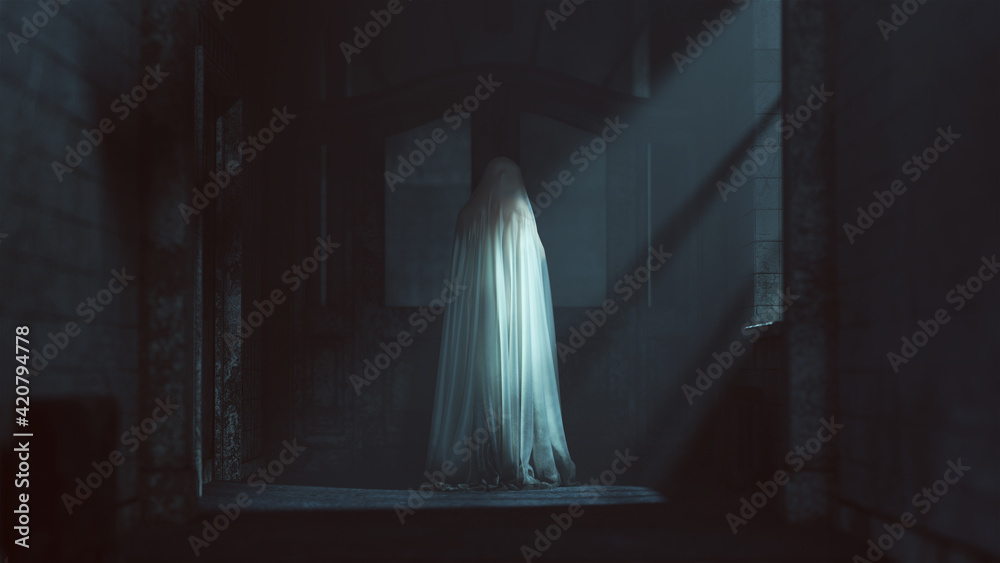 Floating Ghost Evil Spirit Looking Over Her Shoulder in a Derelict ...