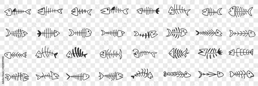 Fish bones pattern doodle set. Collection of hand drawn various shapes ...