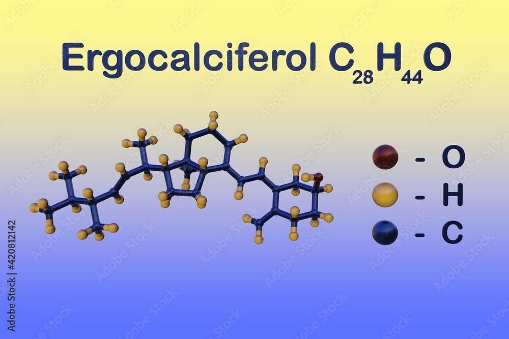 Structural chemical formula and molecular model of ergocalciferol, a ...