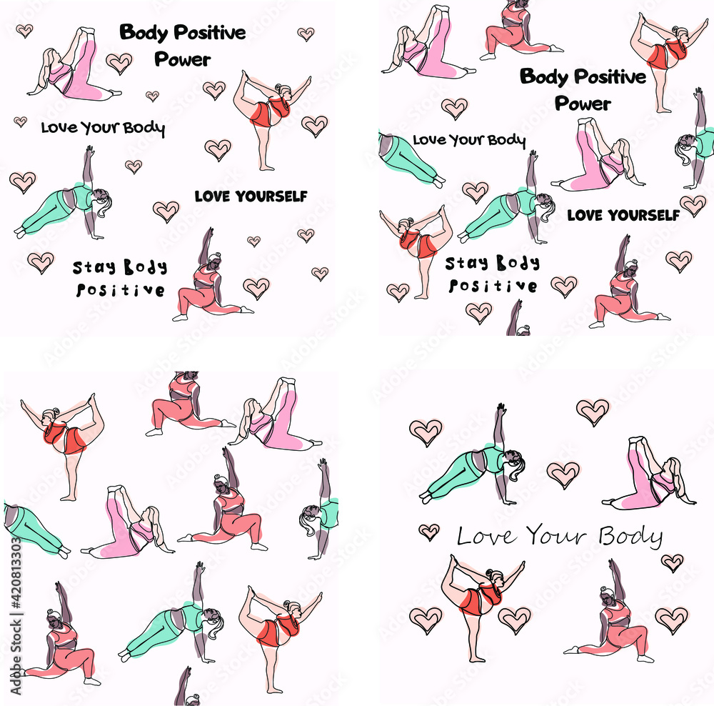 Big set of illustrations of body positive yoga. Plus size and body ...