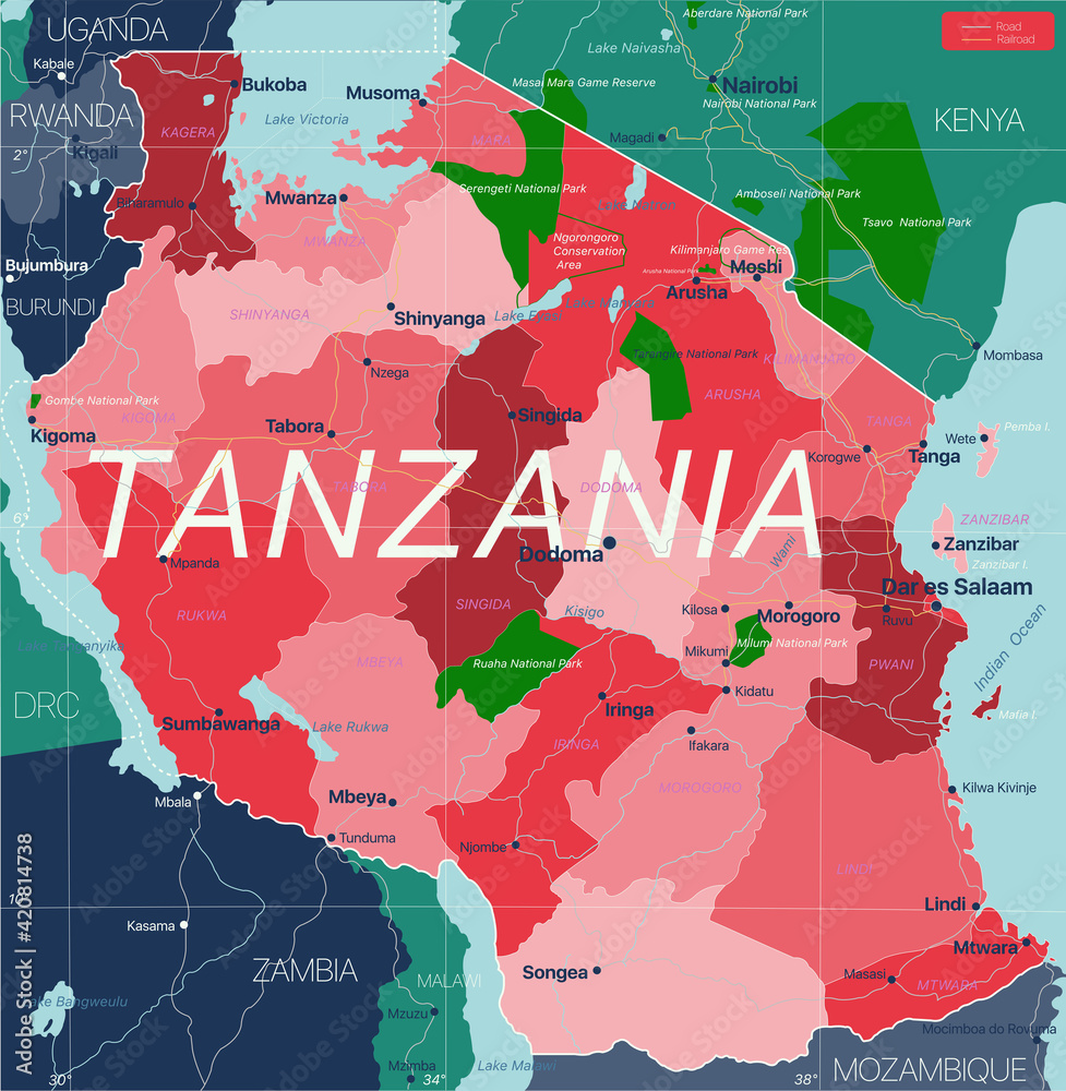 Tanzania country detailed editable map Stock Vector | Adobe Stock