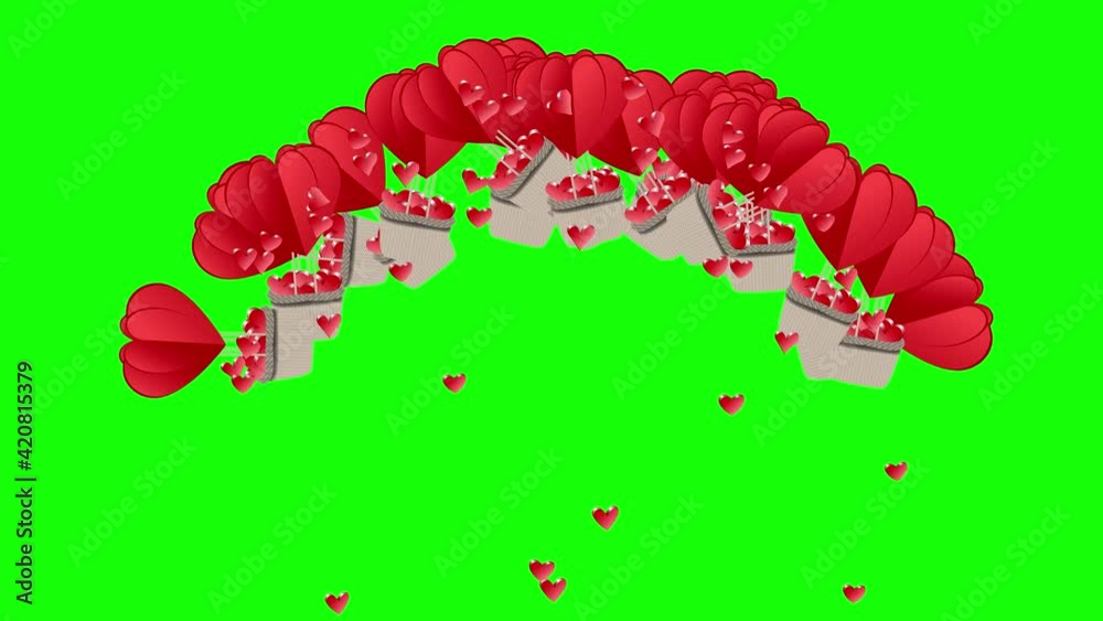 Transitions of Hot air balloon with hearts fly upwards on a green ...