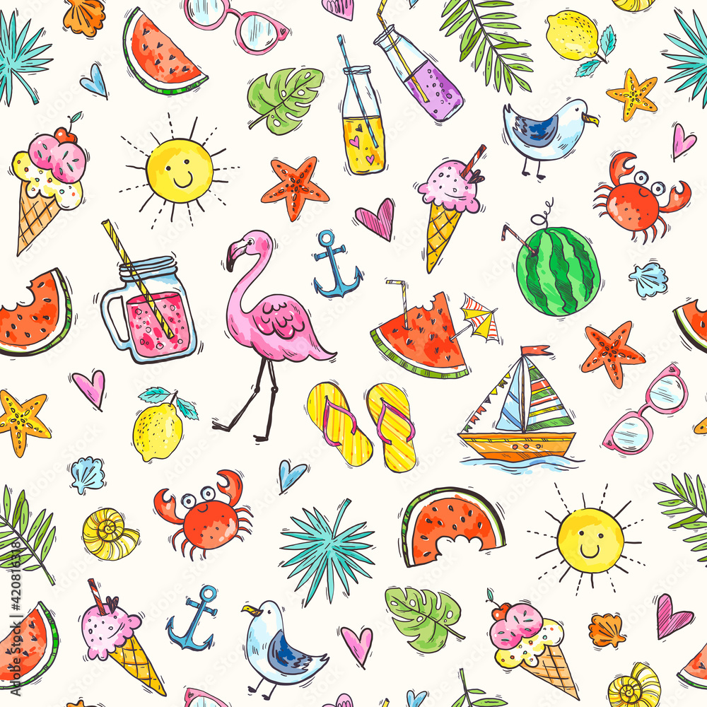 Seamless pattern. Summer background. Cute summer icons: food, drinks ...
