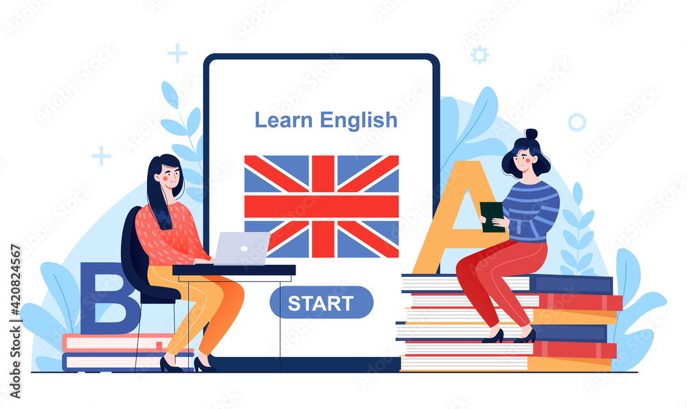 Two female characters are learning english online Stock Vector | Adobe ...