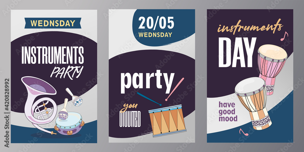 Stylish party invitation designs with musical instruments. Creative ...