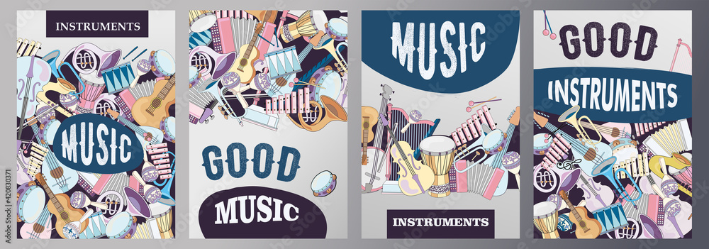 Trendy poster designs with musical instruments. Vivid brochures with ...