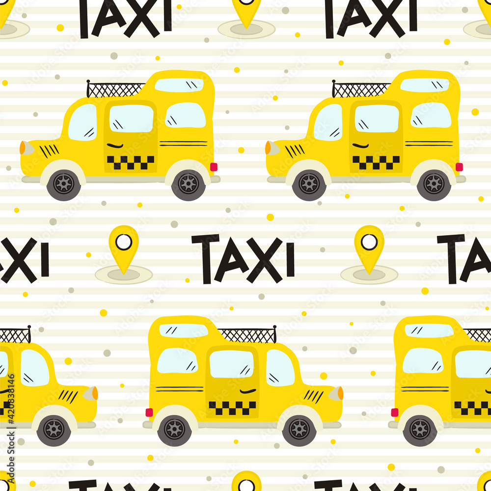 Seamless kids pattern of doodle taxi cars. Striped beige background ...