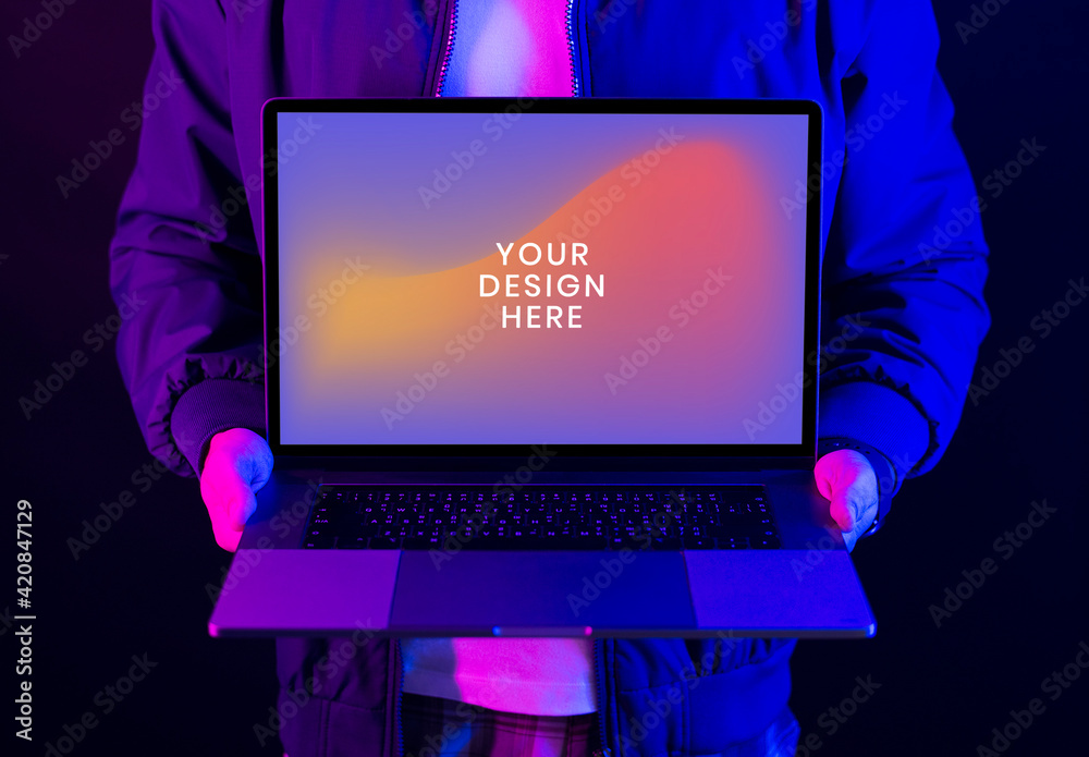 Man Showing Laptop Screen Mockup Stock Template | Adobe Stock