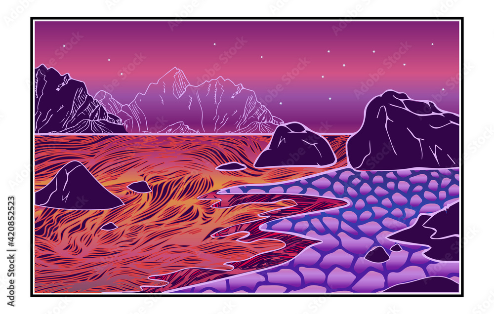 Surreal landscape, vector poster pop art with mountain and surreal ...