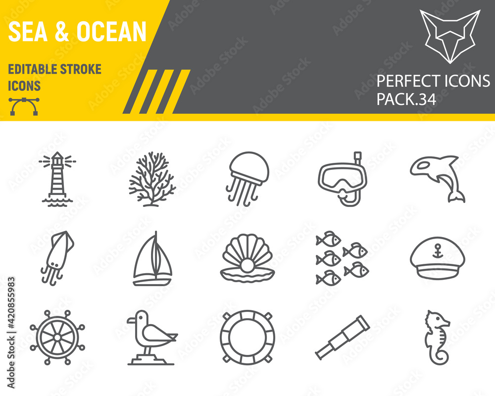 Sea and Ocean line icon set, ocean animals collection, vector graphics ...