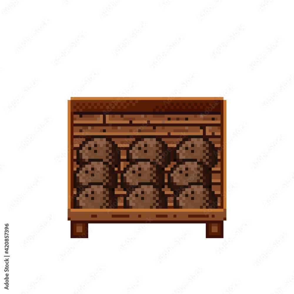 Fruit shop pixel art. Coconuts in a wooden crate. Coconut, food pixel ...