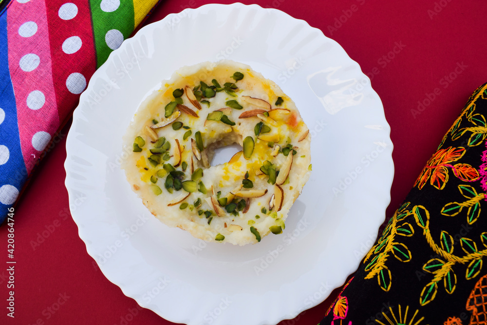 Traditional and authentic halwai style Indian sweet dish called Ghevar ...