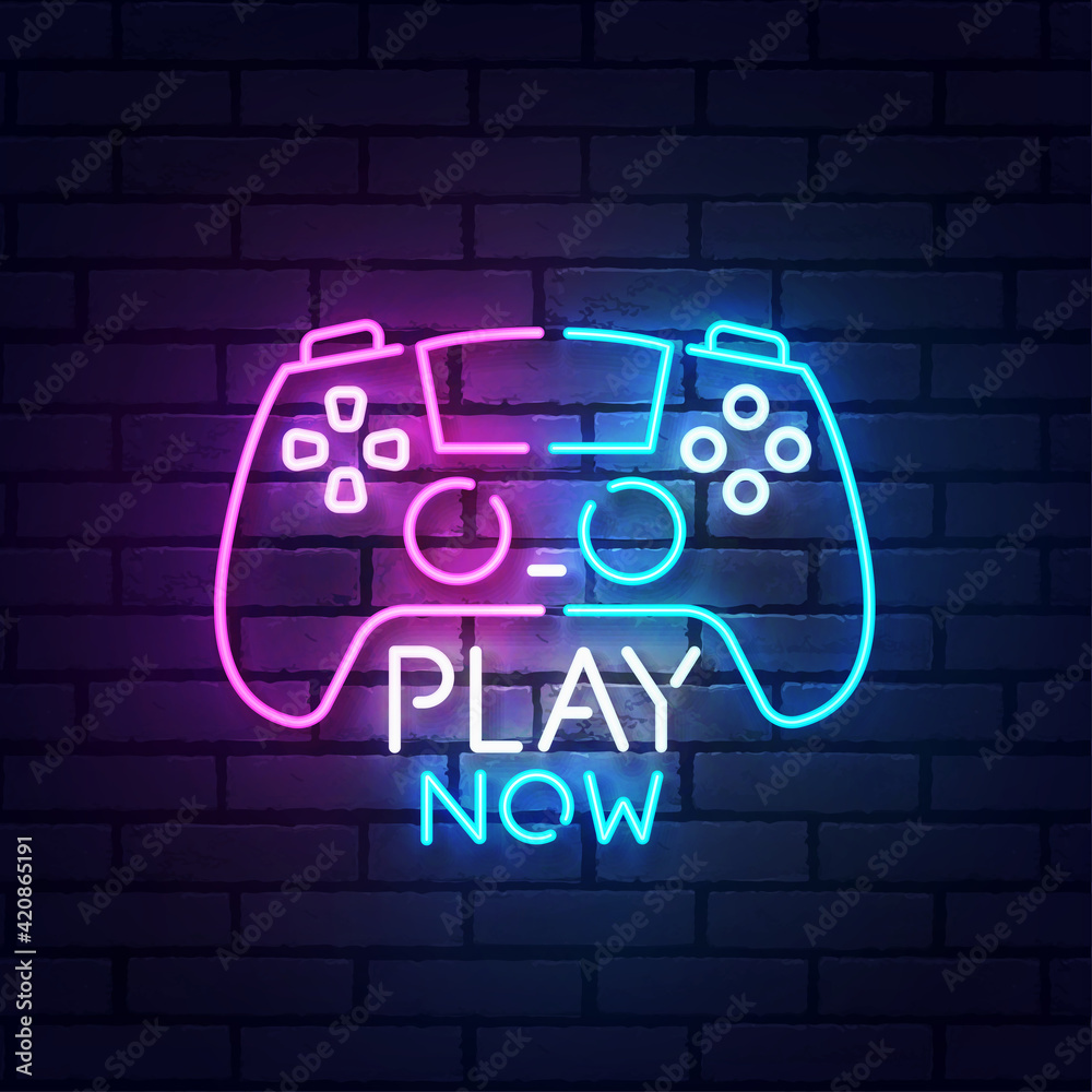 Play Now neon sign, bright signboard, light banner. Game logo neon ...