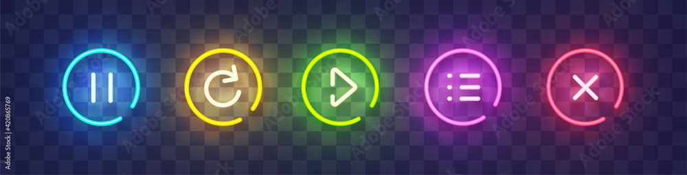 Set of vector neon game buttons. Colored neon buttons. Game button and ...