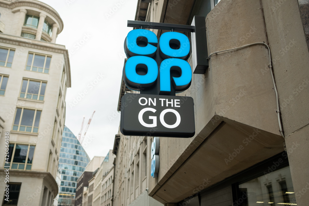 Co-op On The GO food store exterior logo sign. A large British food ...