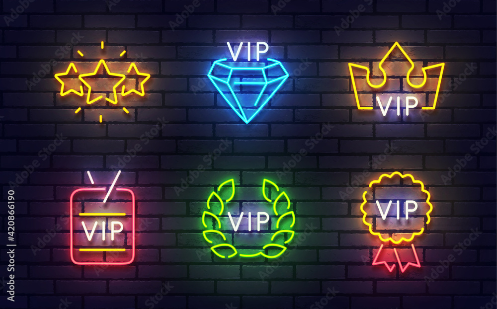 Vip neon icons. Included icons as member, VIP, exclusive, diamond ...