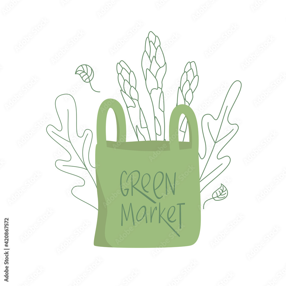 Green market sign on eco shopping paper bag with asparagus outline flat ...