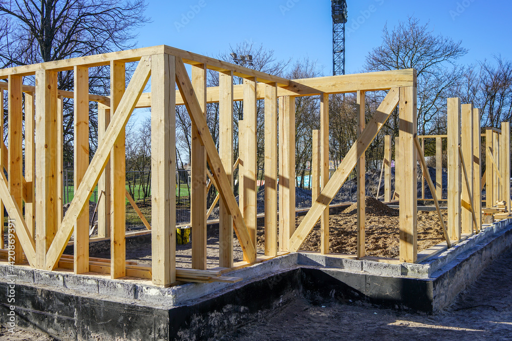 new wooden house frame concrete foundation waterproofing and damp ...