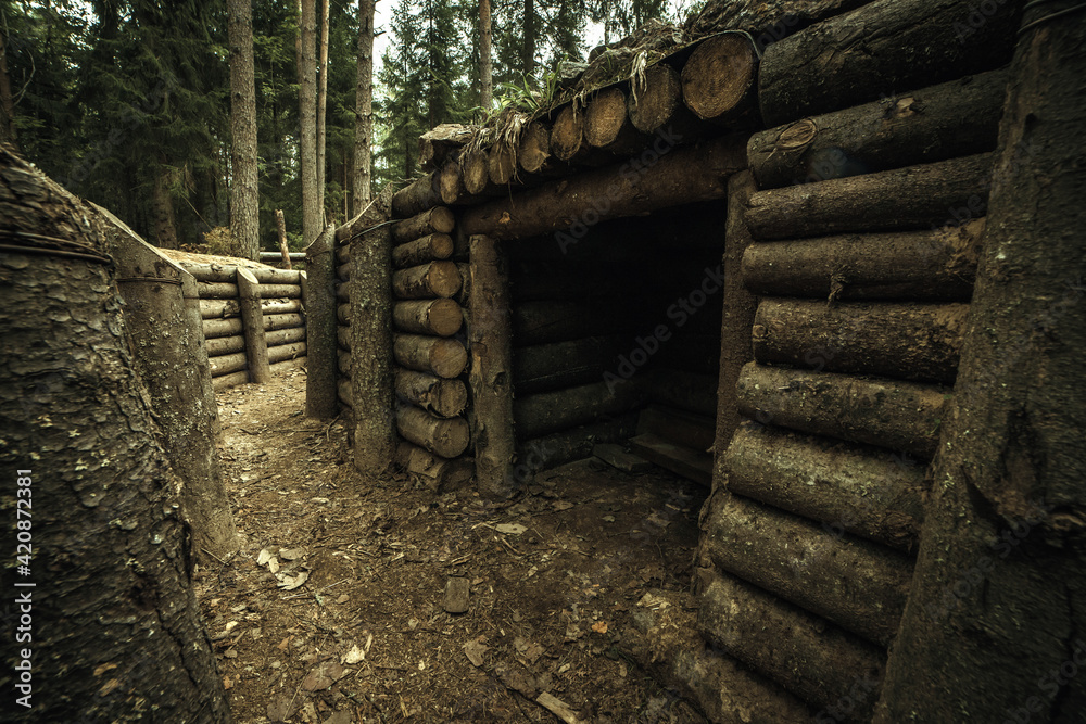 Military, wooden dugout of trees in the forest. Finnish World War II ...