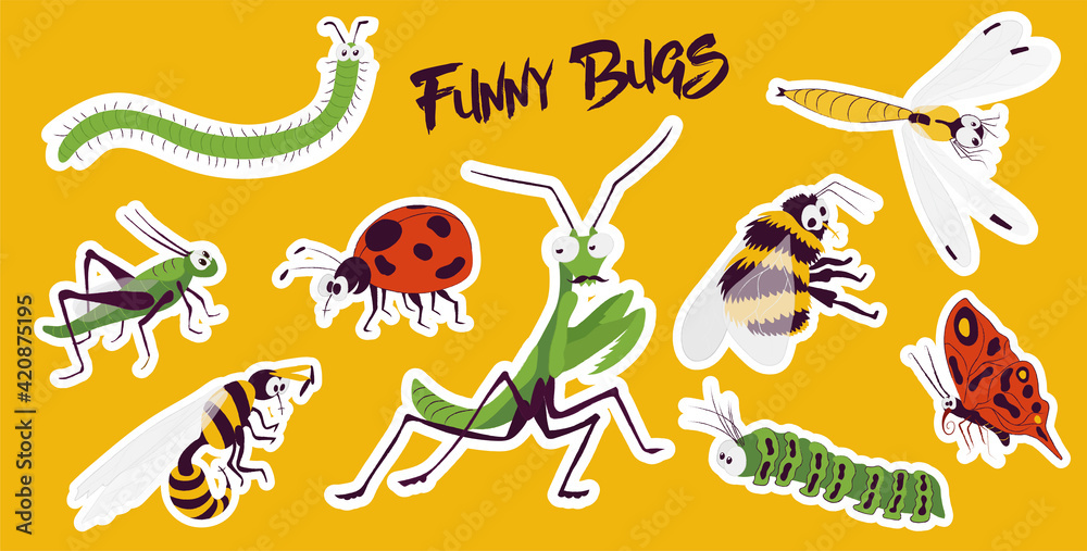 funny bugs vector illustration set. Grasshopper, ladybug, bee ...