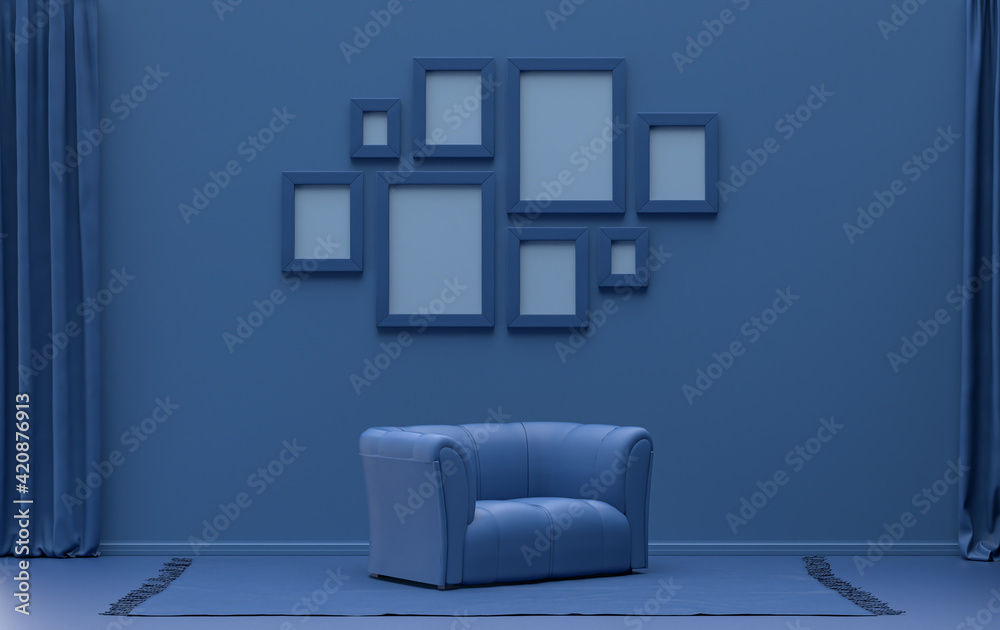 Modern interior flat dark blue color room with single chair, without ...