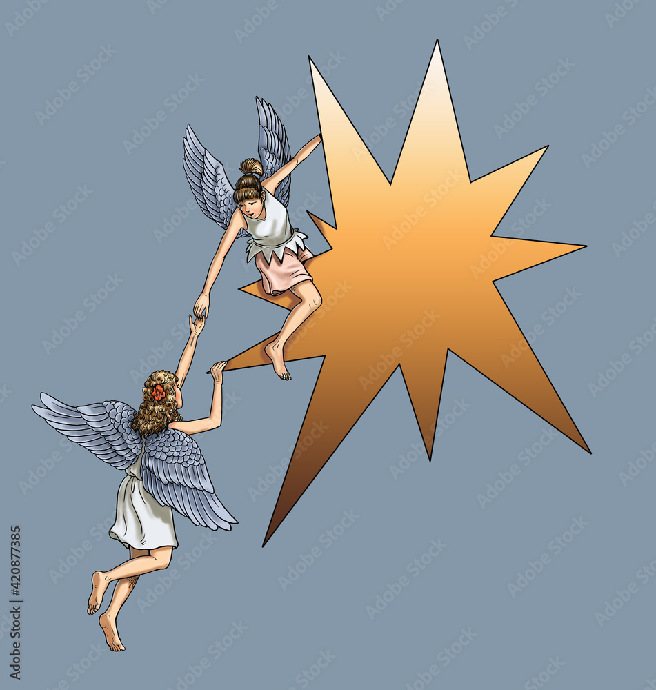Angel, stars and clouds. Beautiful angels in the heaven. Digital ...