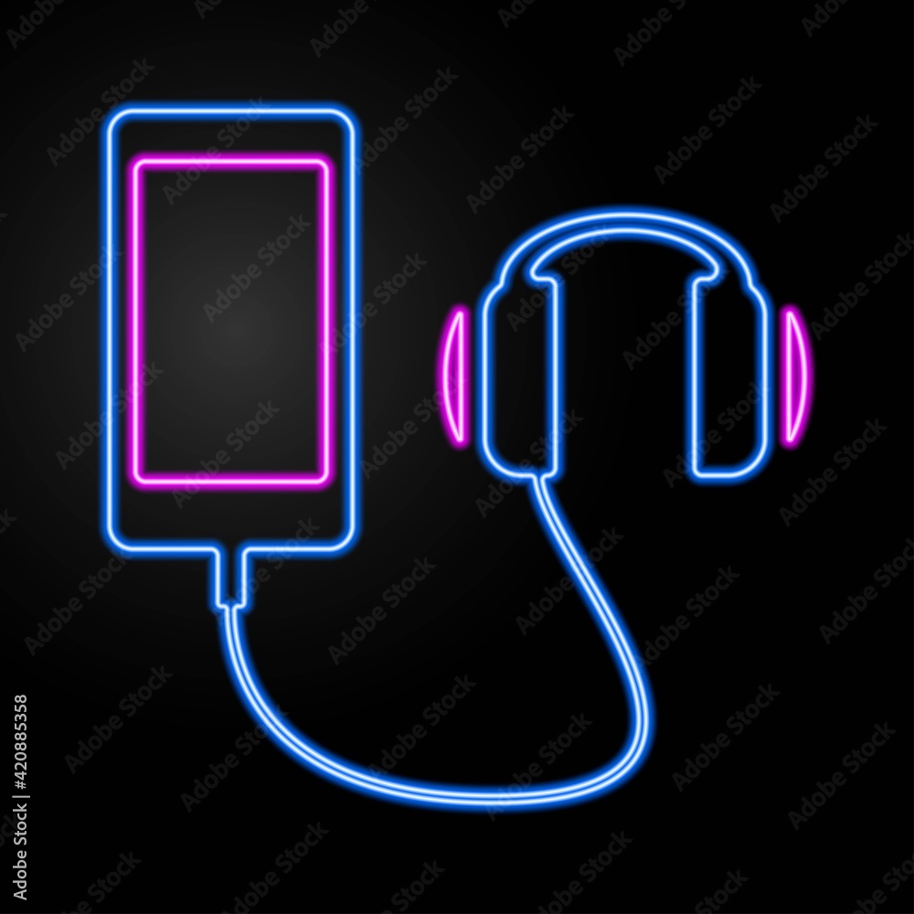 Smartphone and headphones neon sign, modern glowing banner design ...
