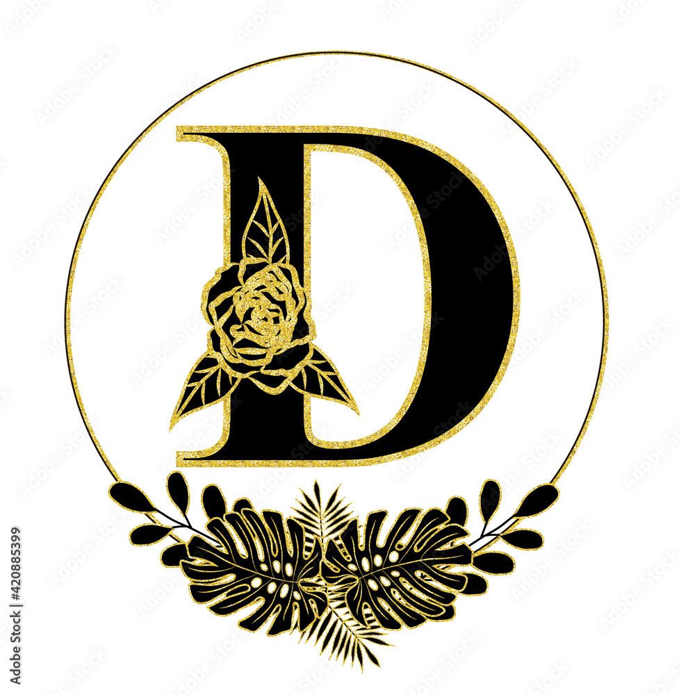 Floral Alphabet Letter D. Alphabet with Rose. Gold Monogram Letter in ...