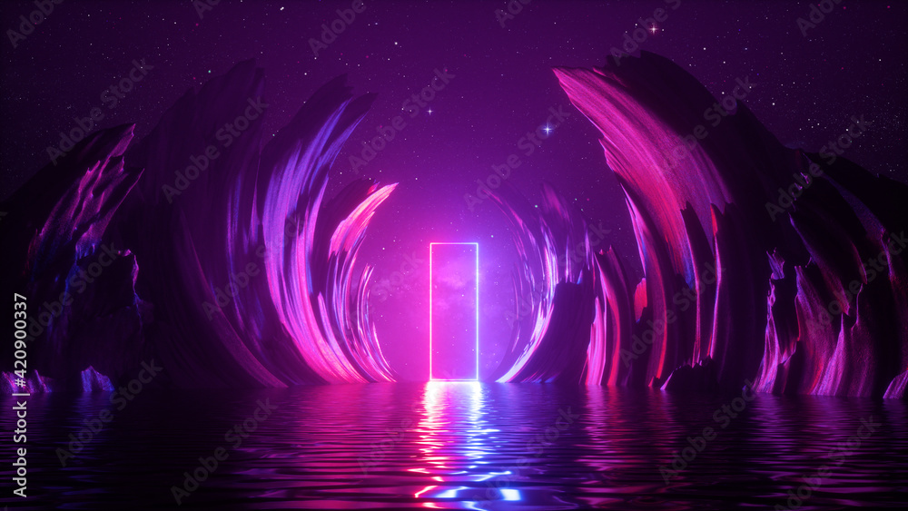 3d abstract neon background. Cosmic landscape, terrain at night with ...