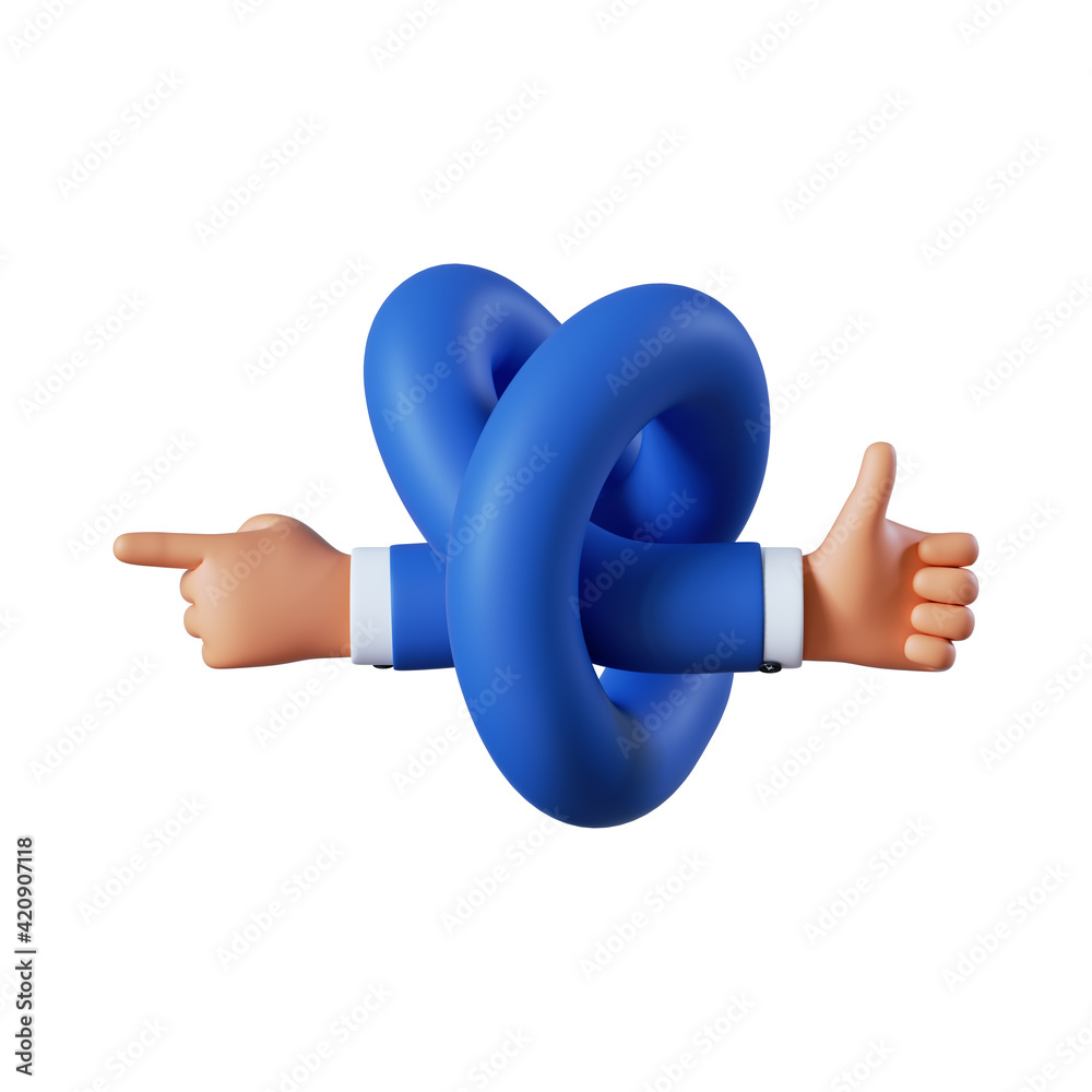 3d render, tangled cartoon hands, thumb up like gesture and pointing ...